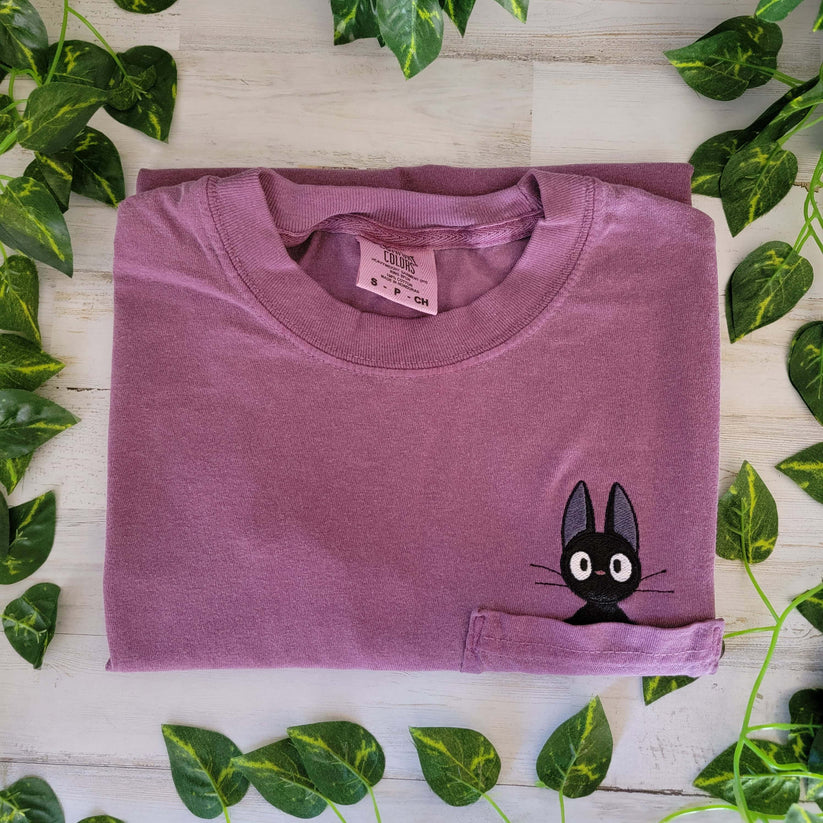 Jiji Cat Pocket Tee | Embroidered Subtle Anime Merch | AFK Apparel